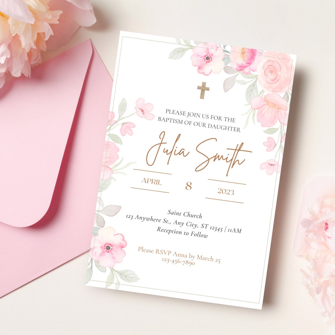 Baptism Invitation Template, Pink Baptism Invitation Template, Pink ...