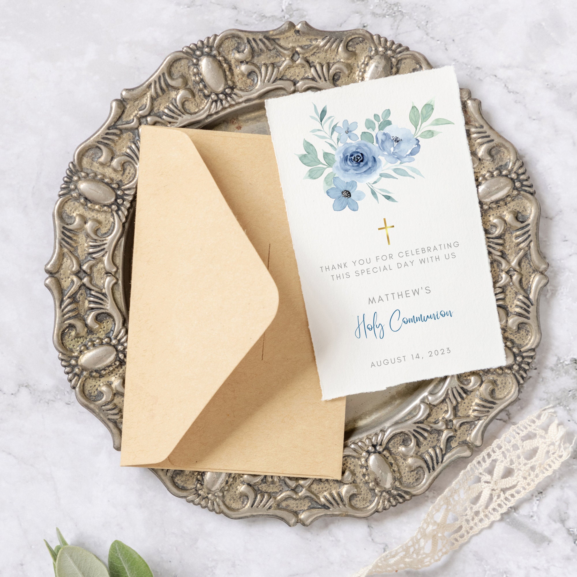 Blue Floral Holy Communion Invitation, Boy Communion Invite, Editable ...