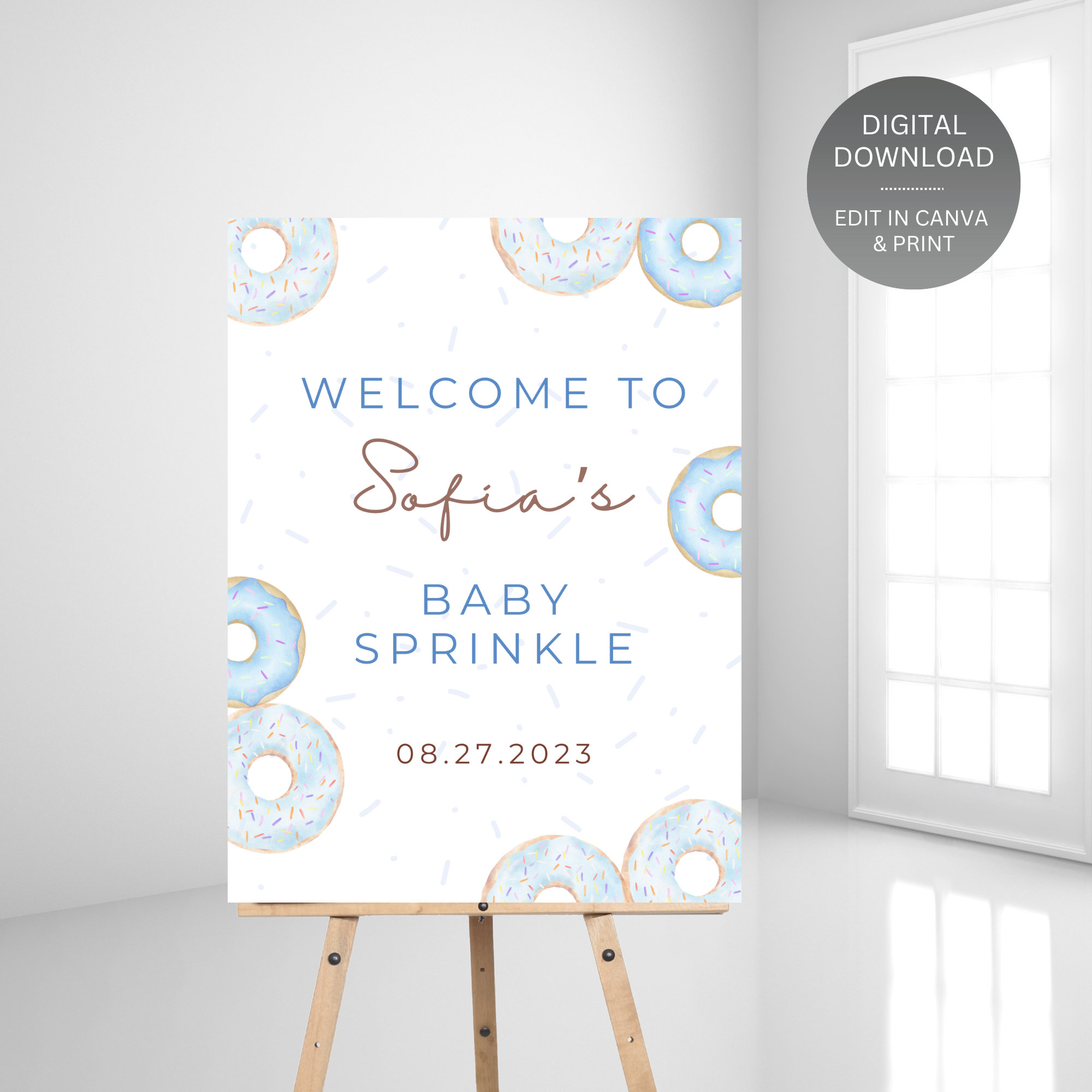 Blue Donut Baby Sprinkle Welcome Sign: Editable Template (PDF, PNG ...