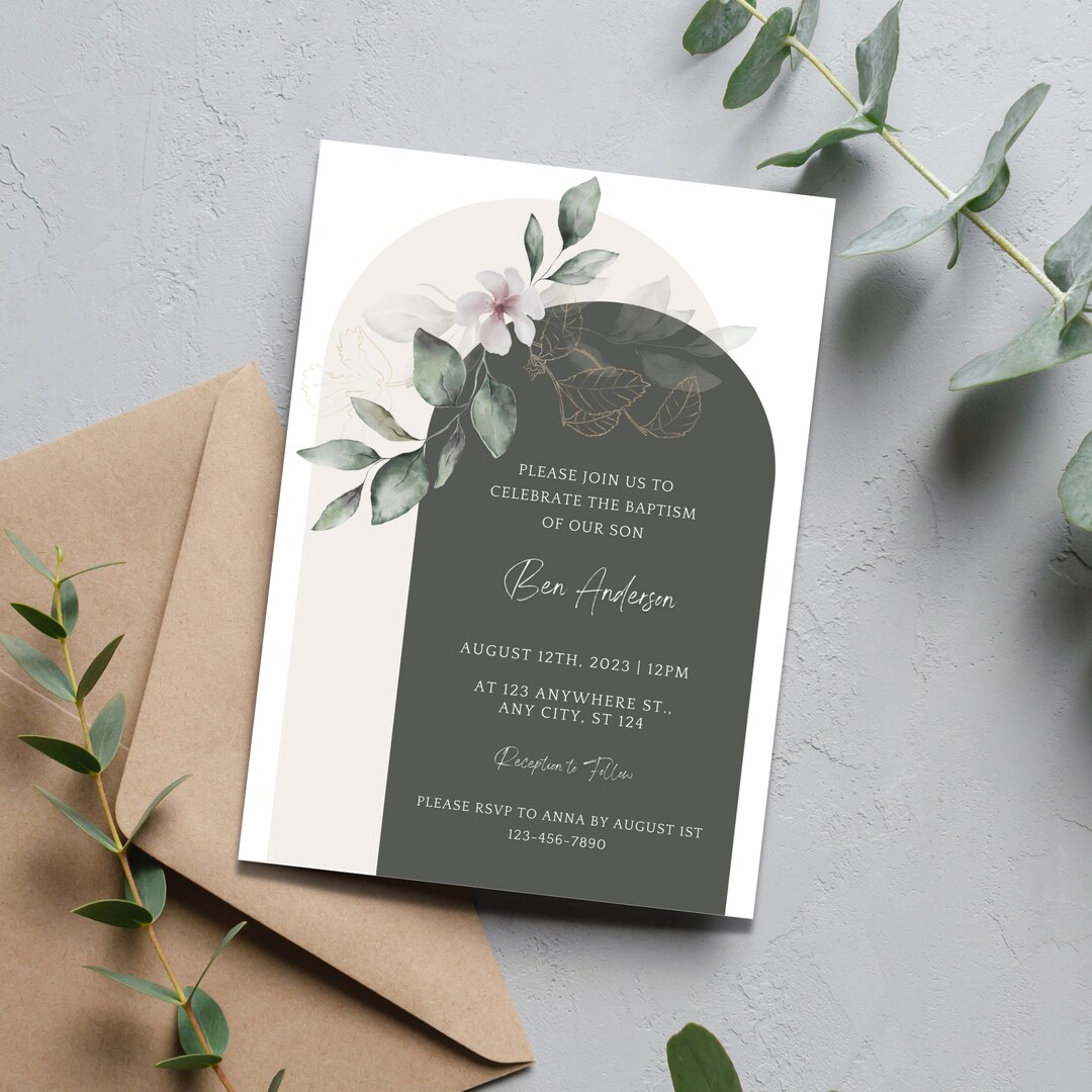 Gray Floral Arch Holy Communion Invitation, Baby Boy Editable Christian ...