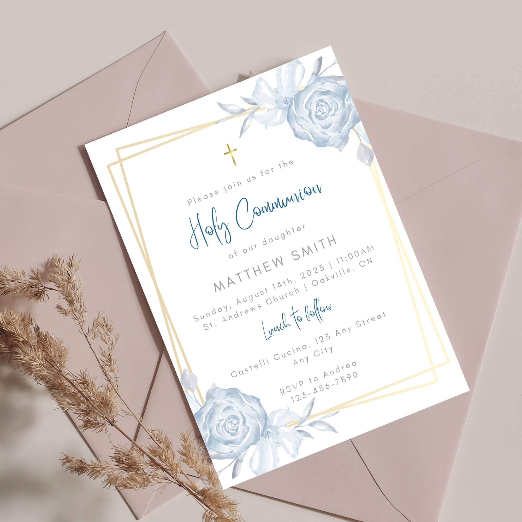 Blue Floral Holy Communion Invitation, Boy Communion Invite, Editable ...
