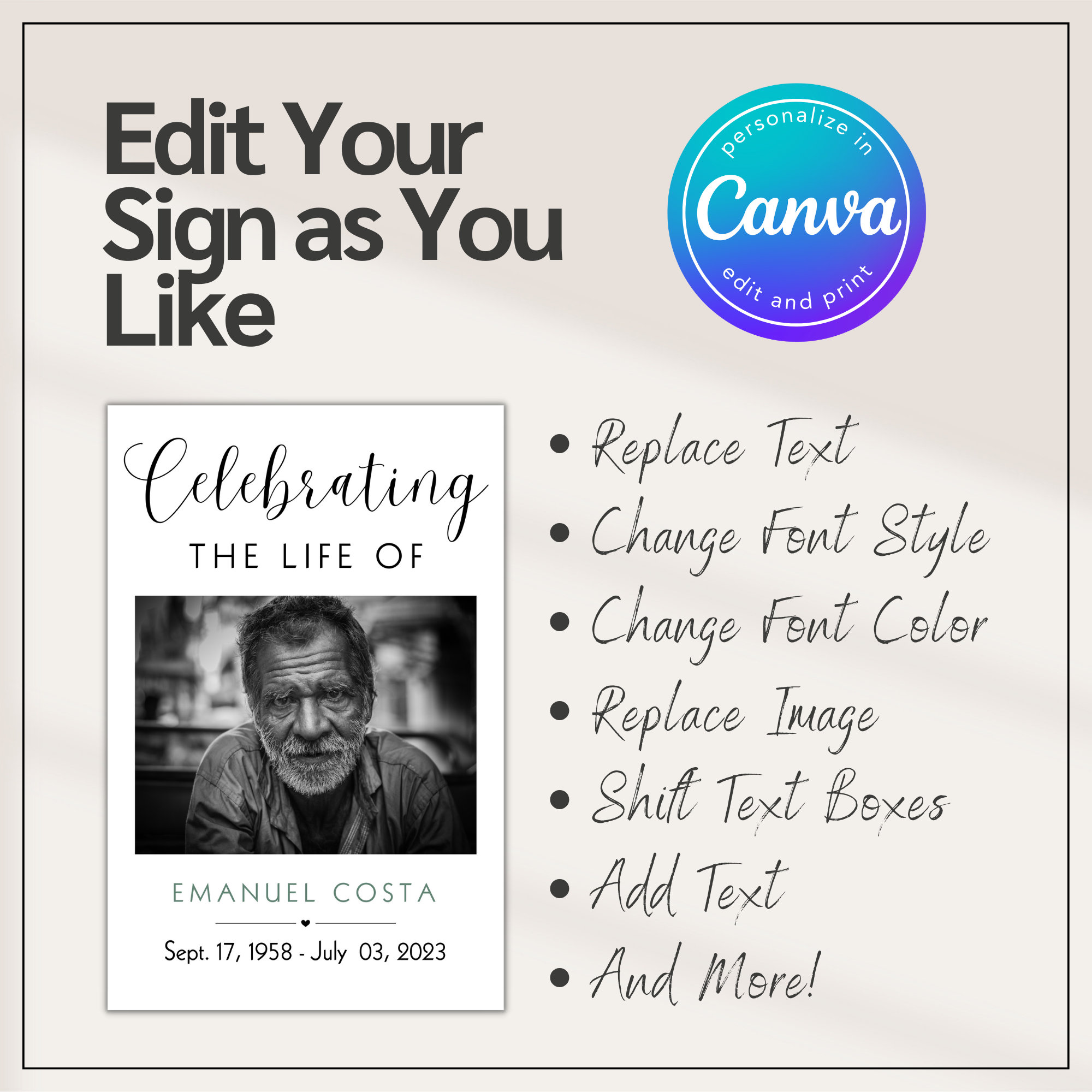 Editable Funeral Welcome Sign: Celebration of Life Memorial (digital ...