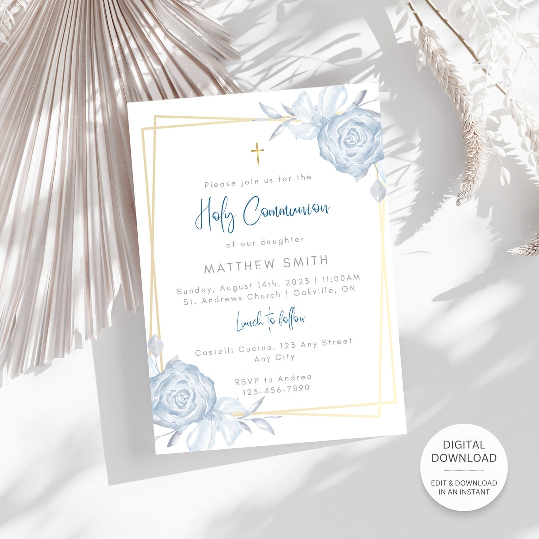 Blue Floral Holy Communion Invitation, Boy Communion Invite, Editable ...