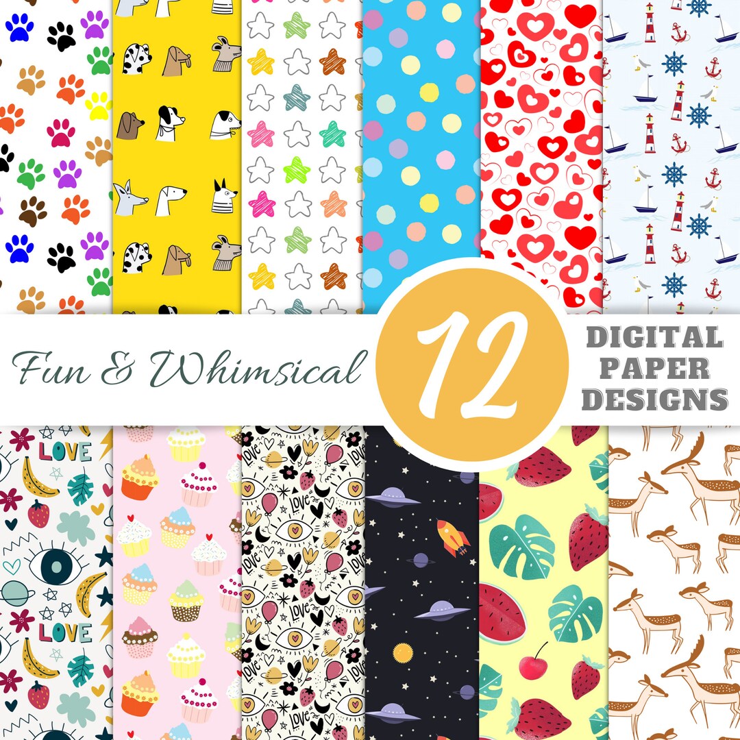 Whimsical Scrapbook Paper: Fun Designs, Set of 12 (digital Download) - Etsy