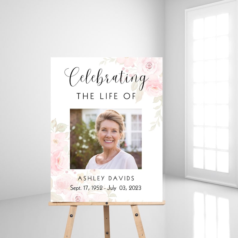 Pink Roses Funeral Welcome Sign, Floral Celebration of Life Decoration ...