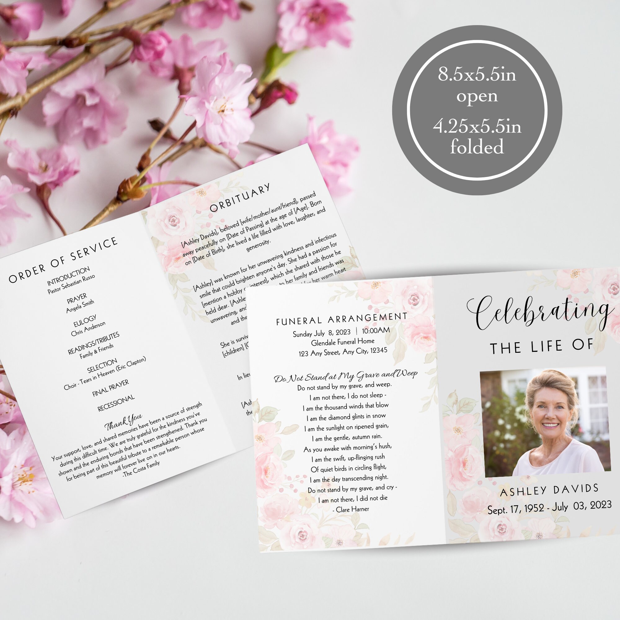 Pink Roses Funeral Program Template Floral Funeral Memorial - Etsy