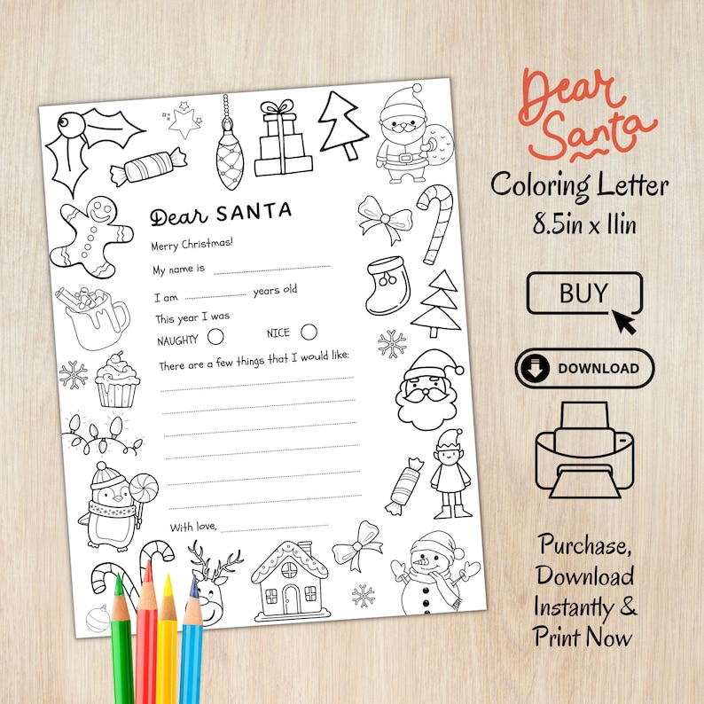 Letter to Santa Coloring Page, Printable Dear Santa Letter, Christmas ...