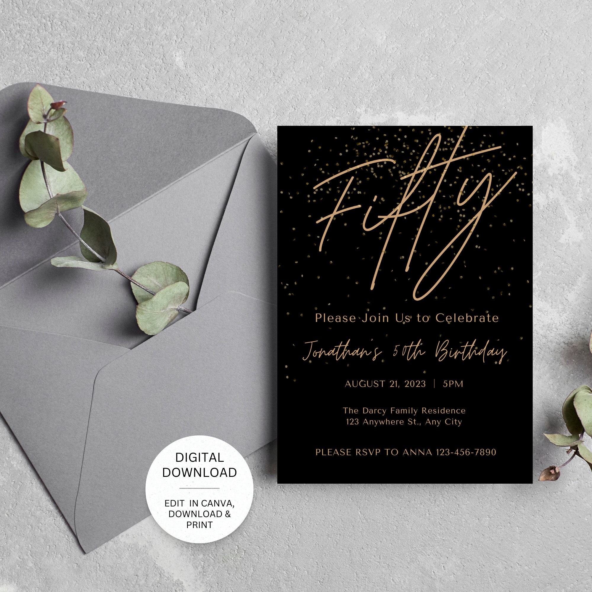 Elegant 50th Birthday Invitation: Black & Brown, Editable Template ...