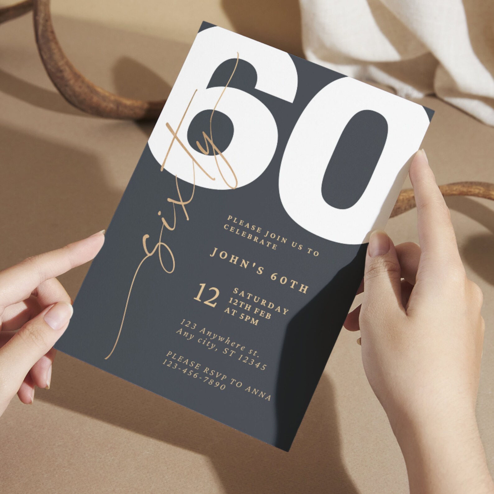 60th Birthday Invitation, Brown and Blue 60th Birthday Invite, Modern ...