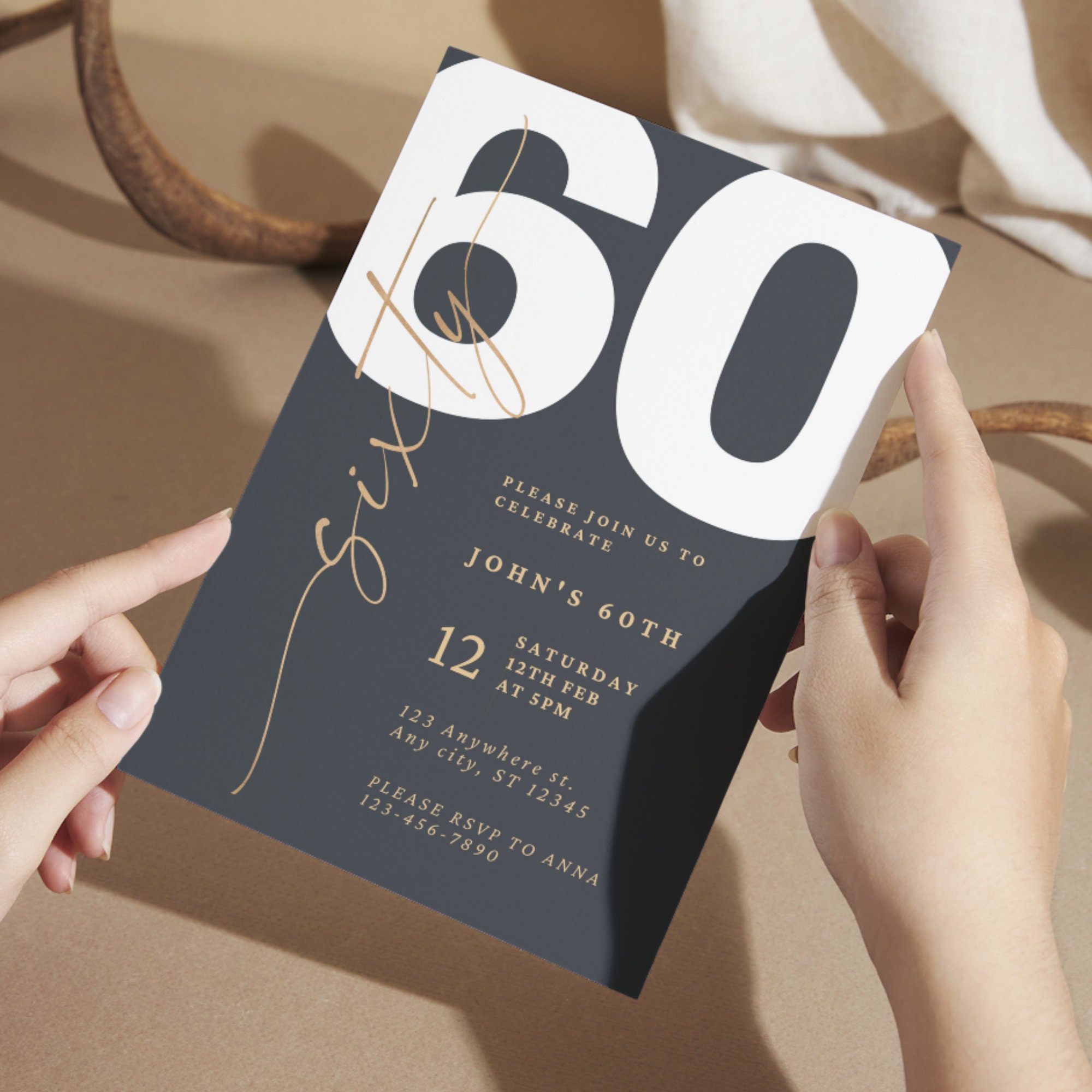 60th Birthday Invitation, Brown and Blue 60th Birthday Invite, Modern ...