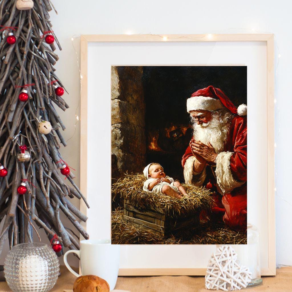 Santa Worshipping Baby Jesus at the Manger, Nativity - Digital Download ...
