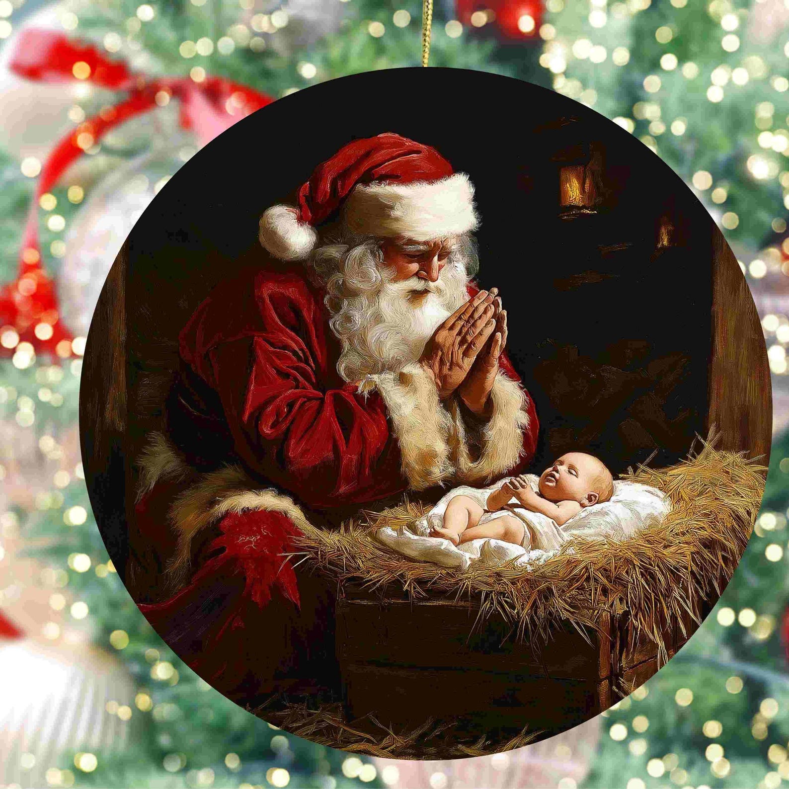 Kneeling Santa Worshipping Baby Jesus in the Manger, Phil. 2:10-11 ...