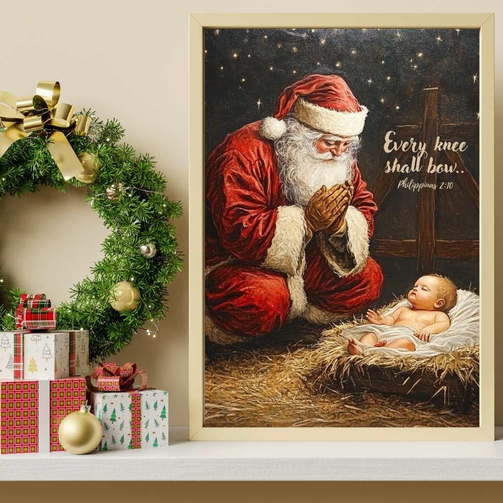 Every Knee Shall Bow, Santa Kneeling Before Baby Jesus, Nativity, True ...