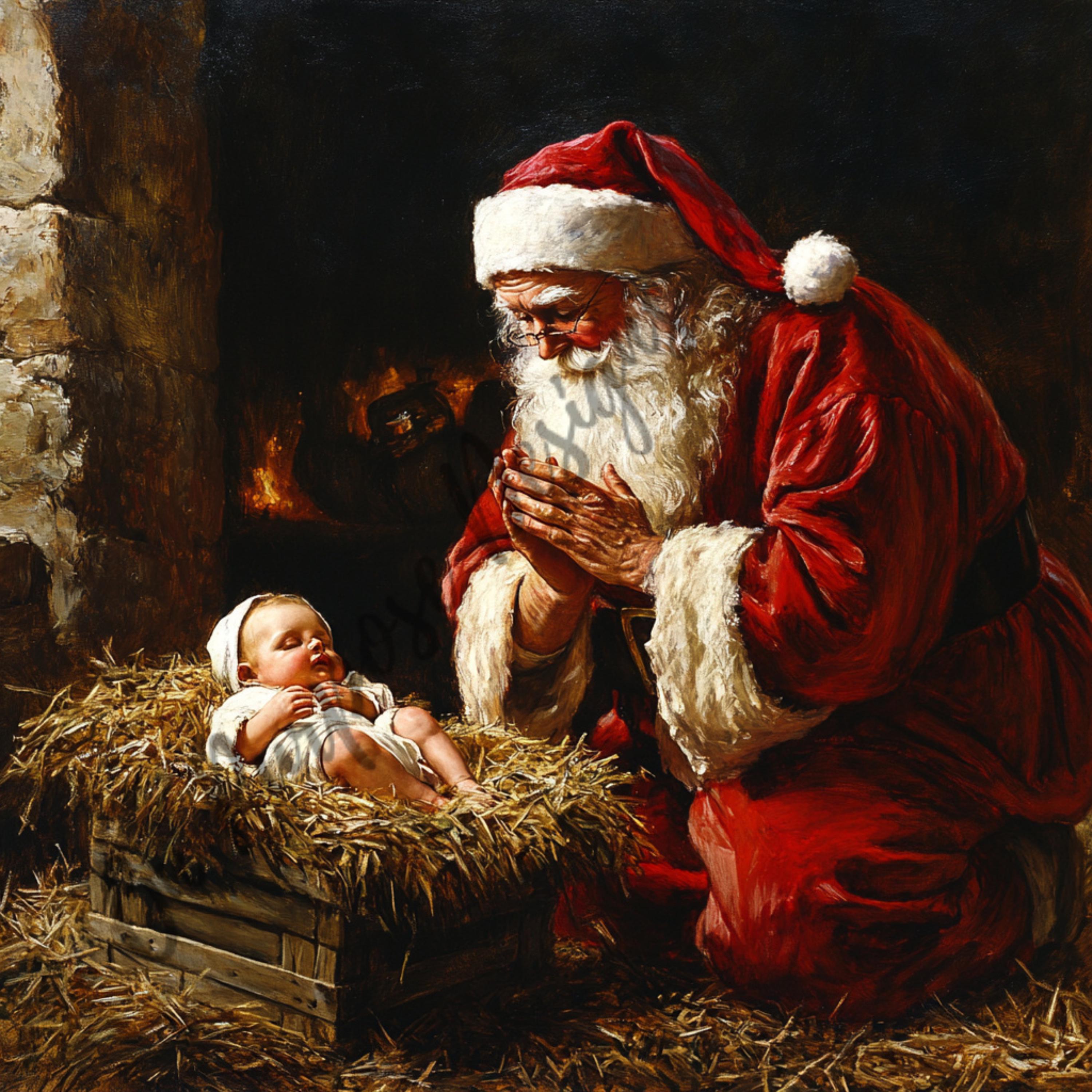 Santa Worshipping Baby Jesus at the Manger, Nativity - Digital Download ...