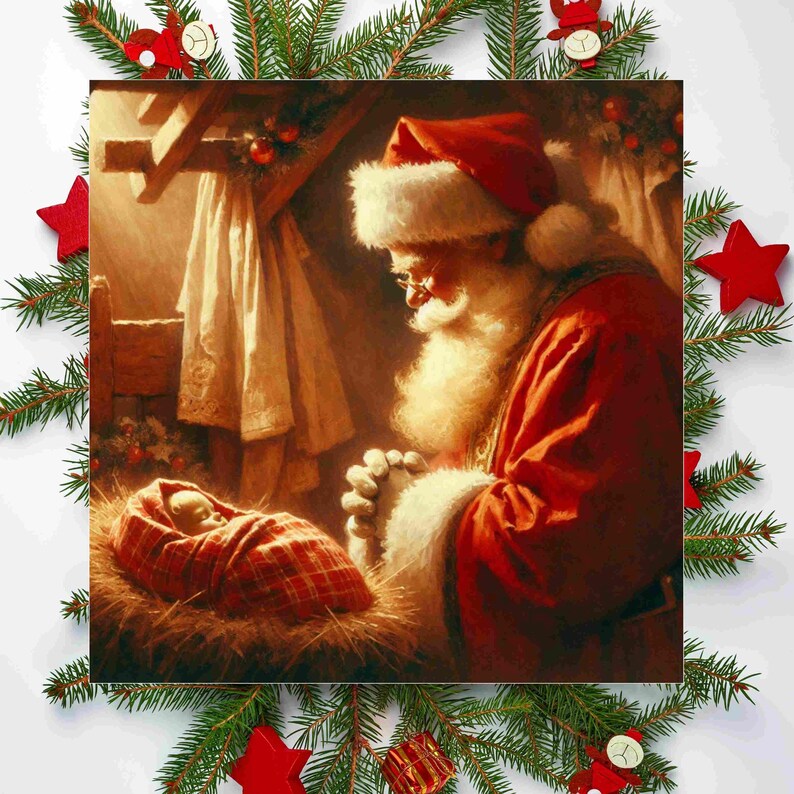 Santa Kneeling at Manger: Christian Christmas Nativity Art - Etsy