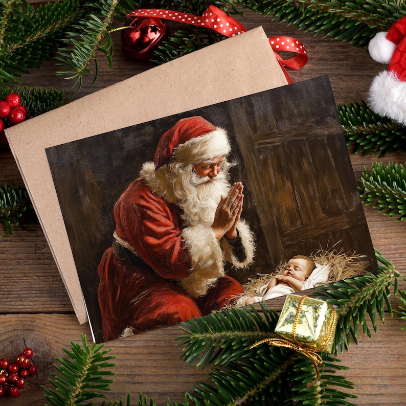 Kneeling Santa Worshipping Baby Jesus in the Manger - Digital Download ...