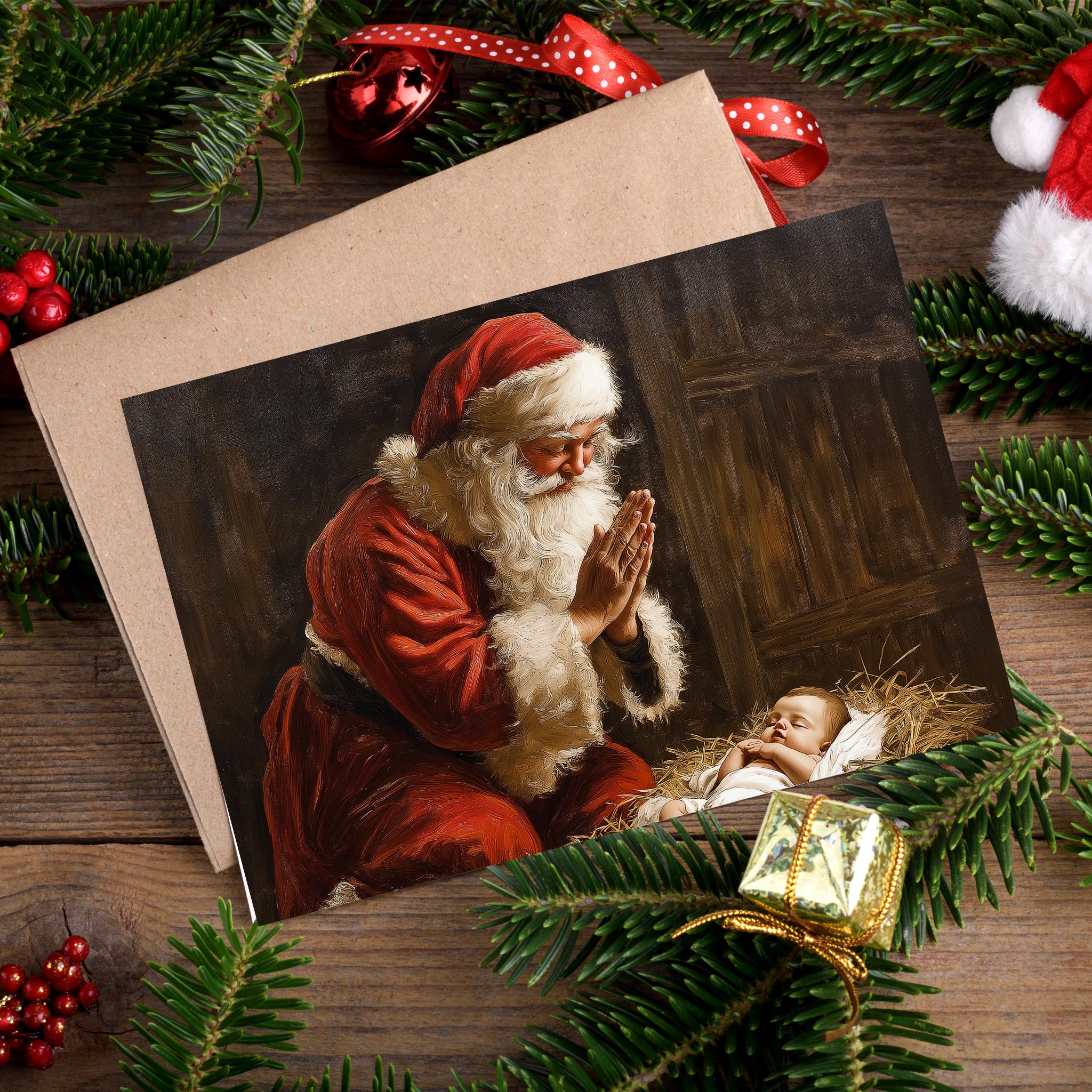 Kneeling Santa Worshipping Baby Jesus in the Manger - Digital Download ...