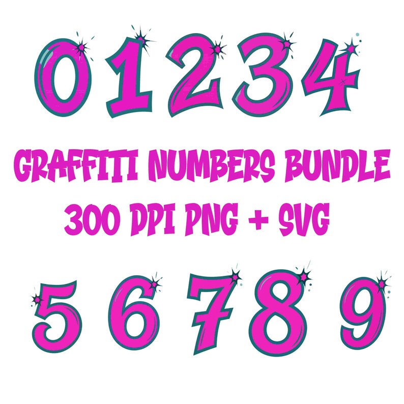 Graffiti Numbers PNG SVG Bundle: Neon Spray Paint Style Clipart - Etsy