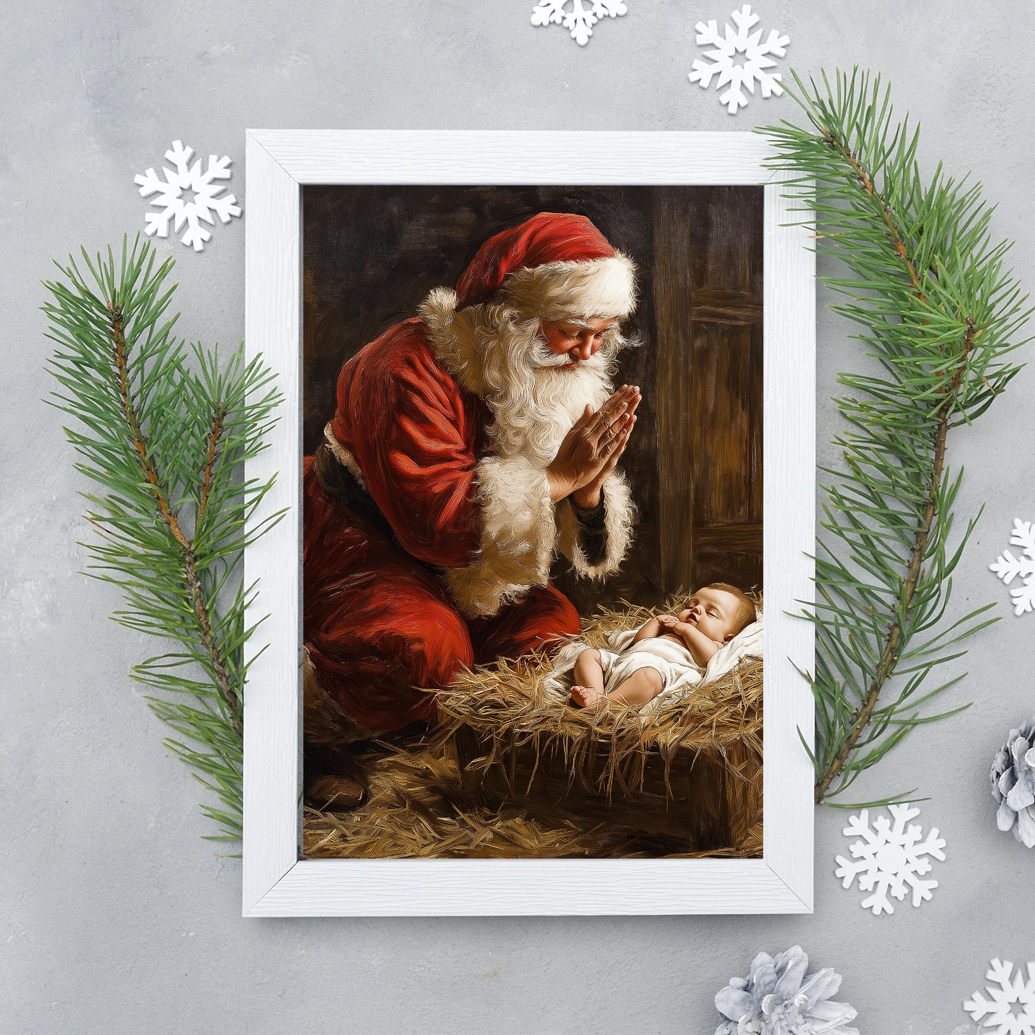 Kneeling Santa Worshipping Baby Jesus in the Manger - Digital Download ...