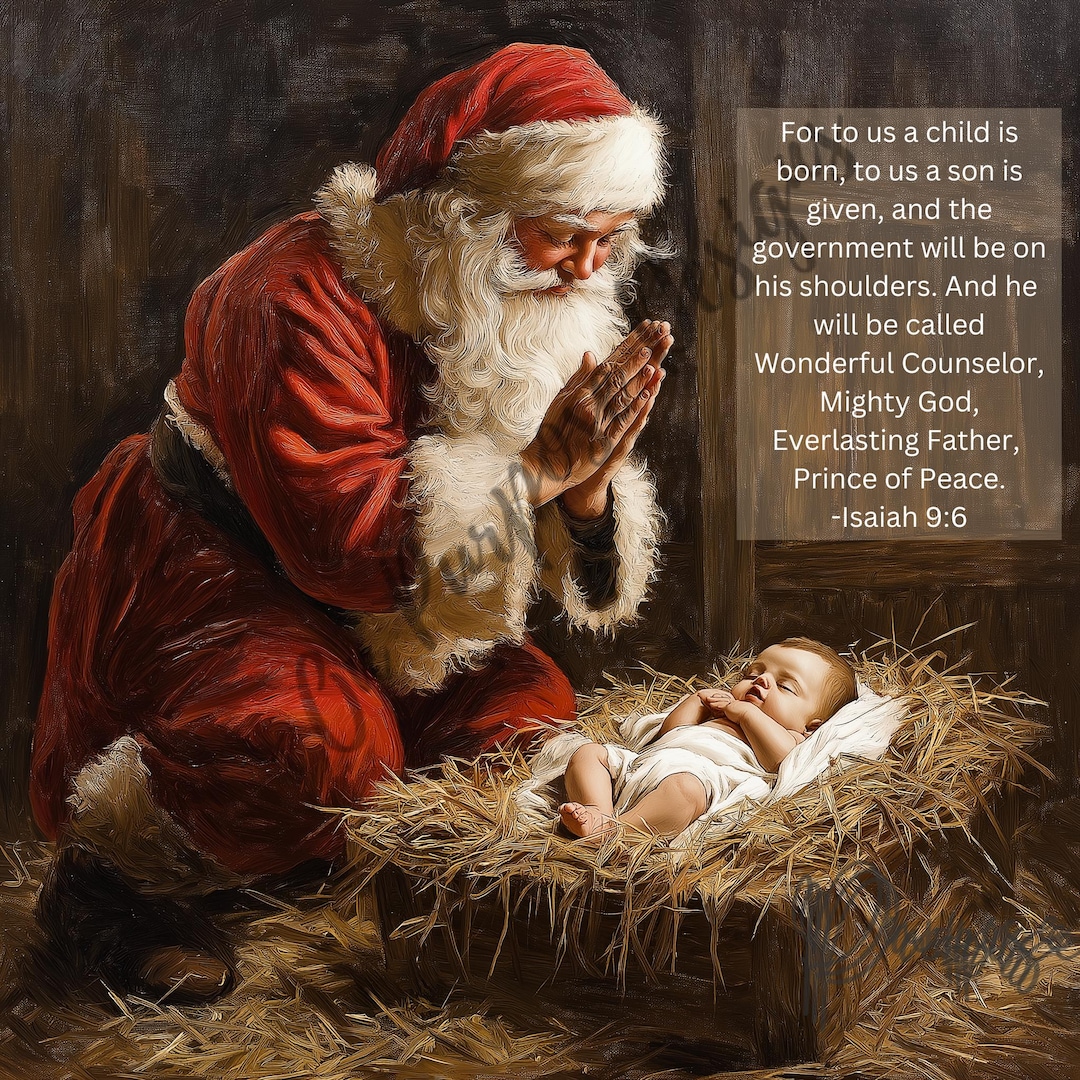 Kneeling Santa Worshipping Baby Jesus in the Manger - Digital Download ...