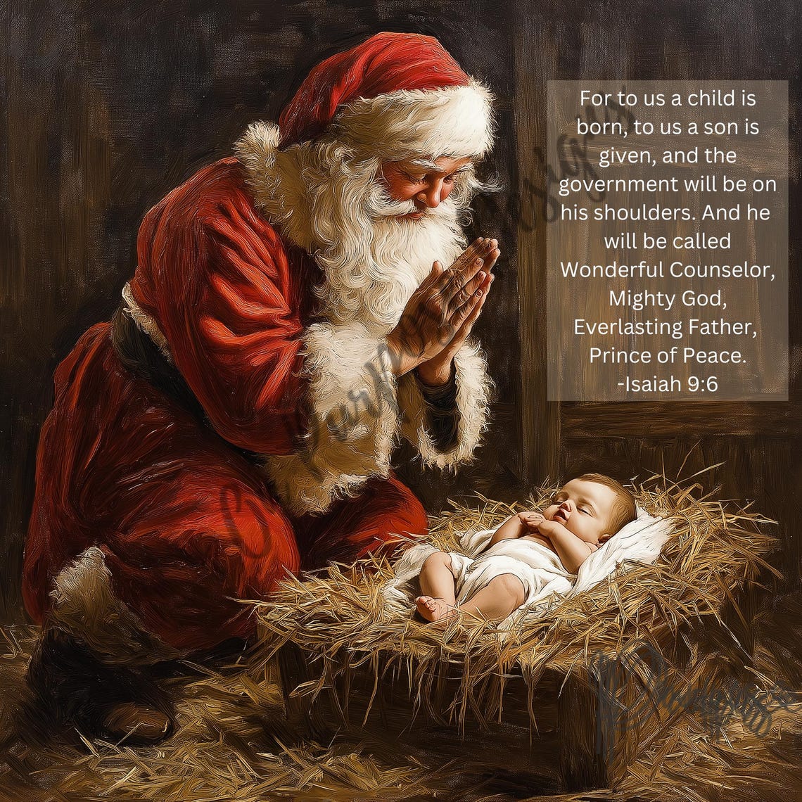Kneeling Santa Worshipping Baby Jesus in the Manger - Digital Download ...