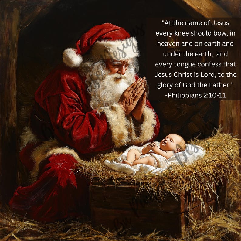 Kneeling Santa Worshipping Baby Jesus in the Manger, Phil. 2:10-11 ...