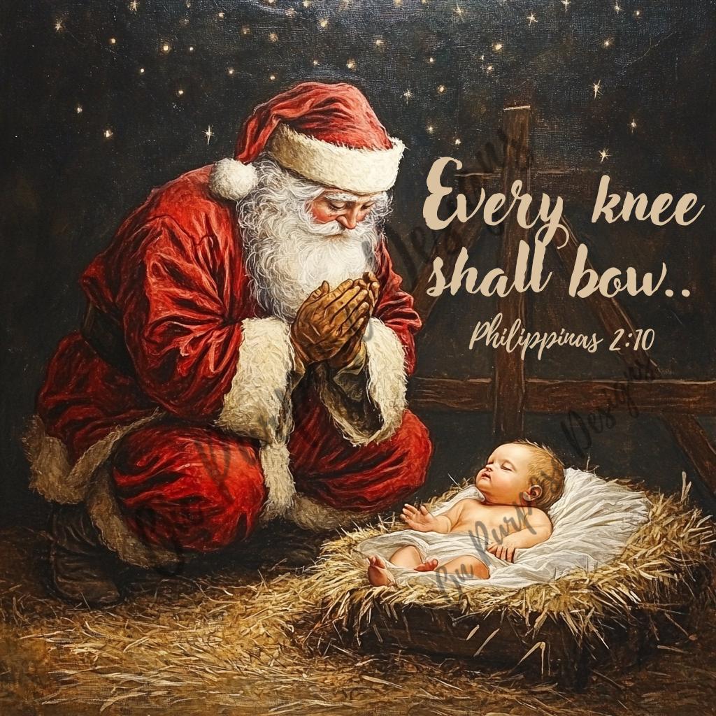 Every Knee Shall Bow, Santa Kneeling Before Baby Jesus, Nativity, True ...