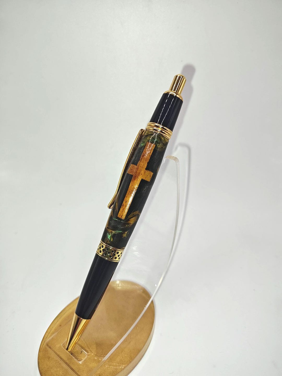 Dark Green and Gold Click Pen With a Wooden Cross. - Etsy