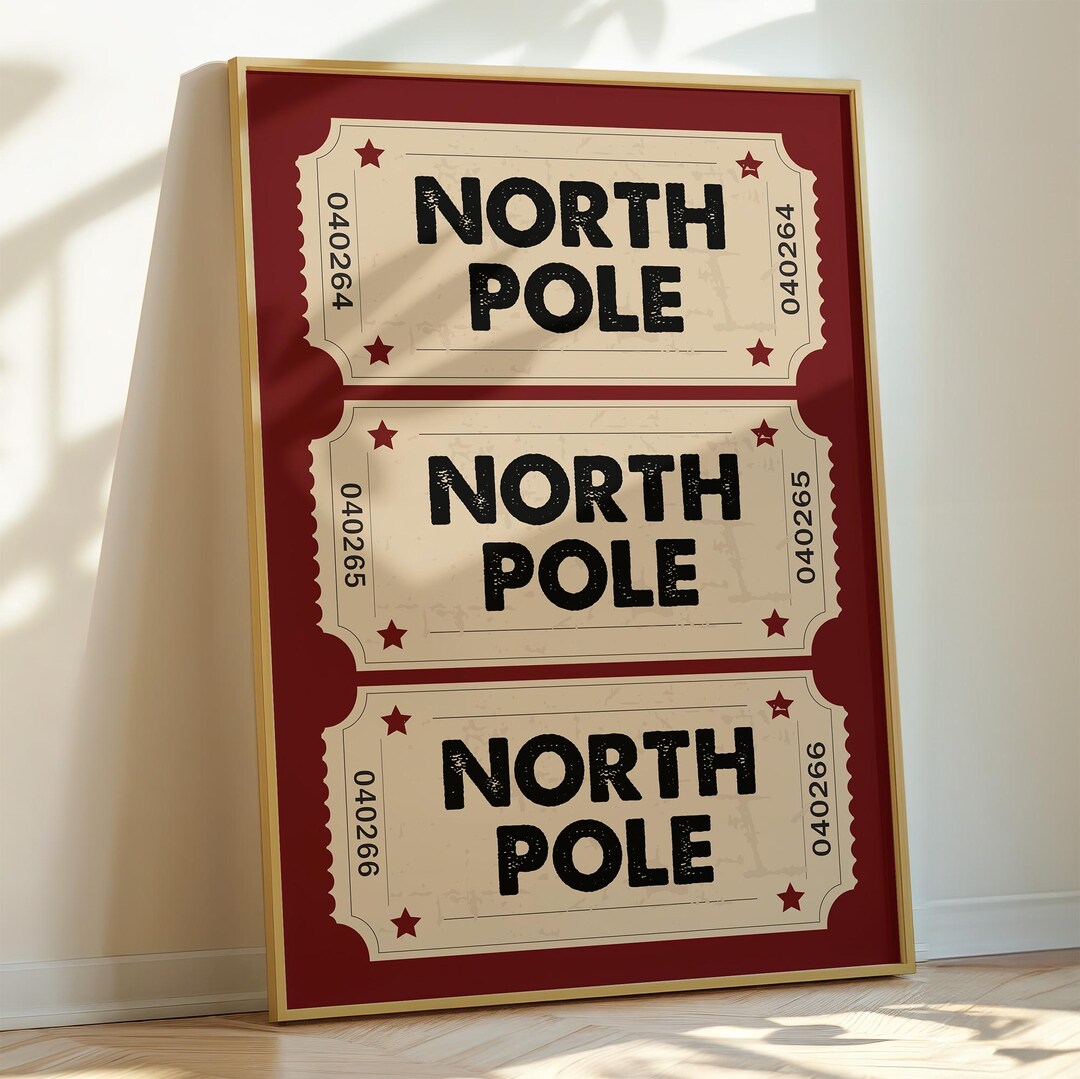 North Pole Ticket Stubs Printable Digital Art, Trendy Retro Red ...