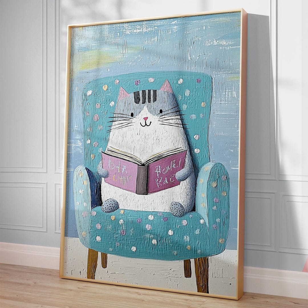 Cat Reading Printable, Cute Kids Let's Read Playroom Wall Art, Book ...