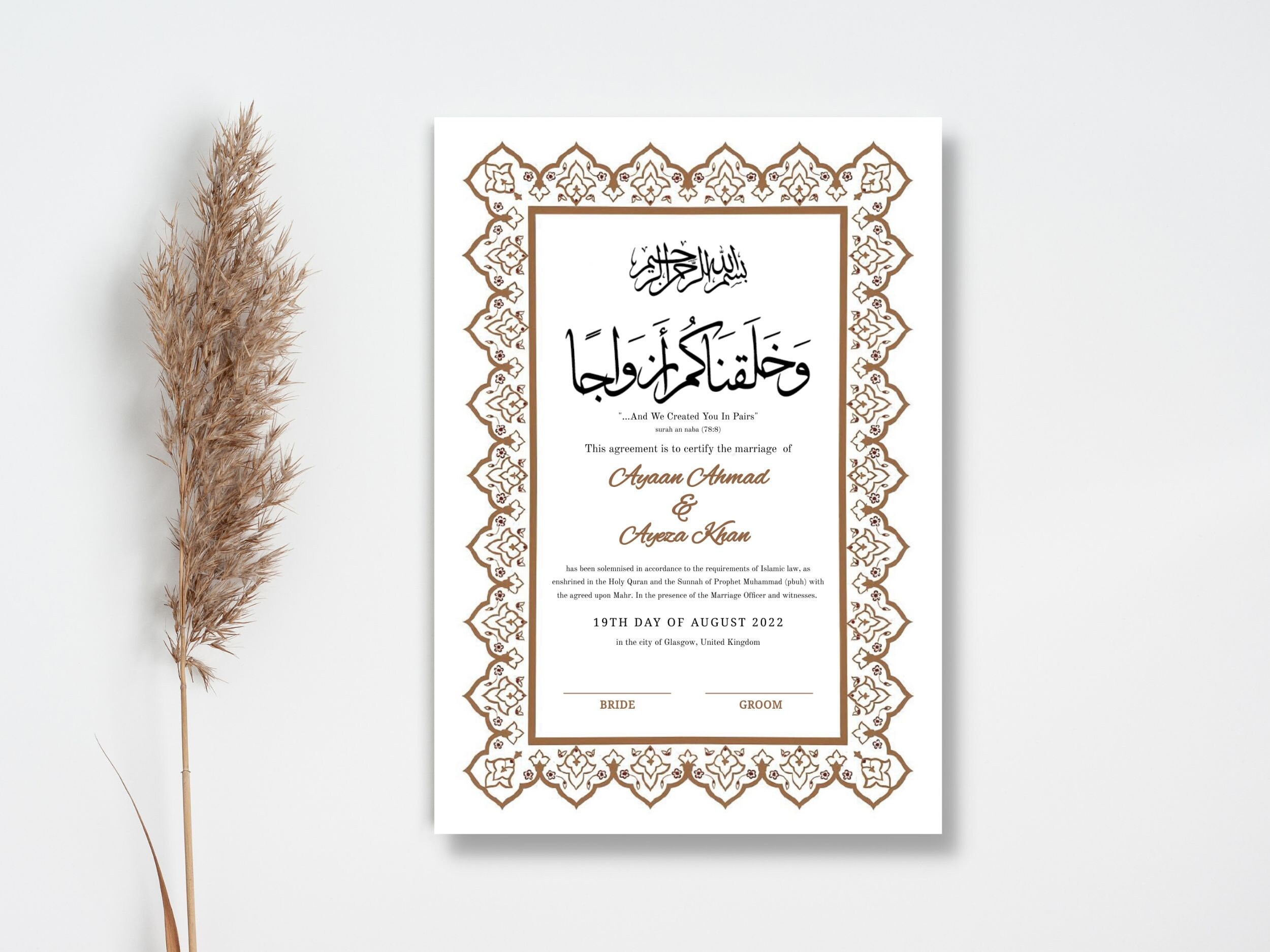Buy Nikkah Islamic Marriage Certificate, PRINTABLE Nikah Certificate ...