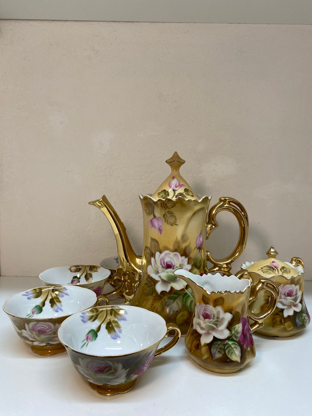Lefton China Heritage Brown Floral Tea Set Etsy