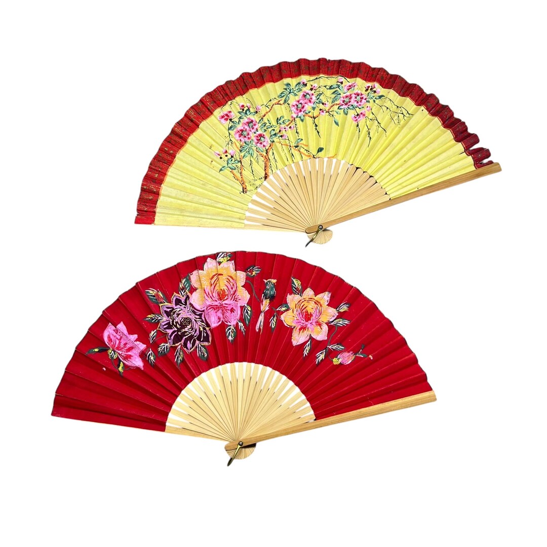 Vintage Japanese Hand Fans - Painted Paper/bamboo - Yellow/red - Etsy