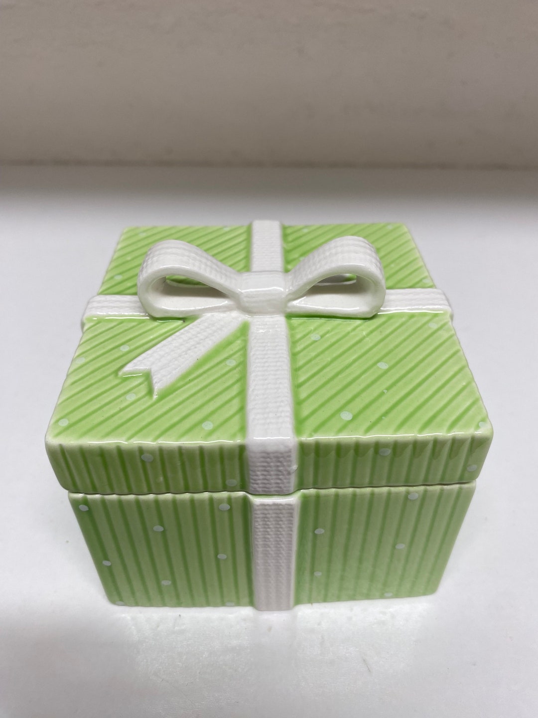Vintage Department 56 Green Polka Dot Present Trinket Box With Bow - Etsy