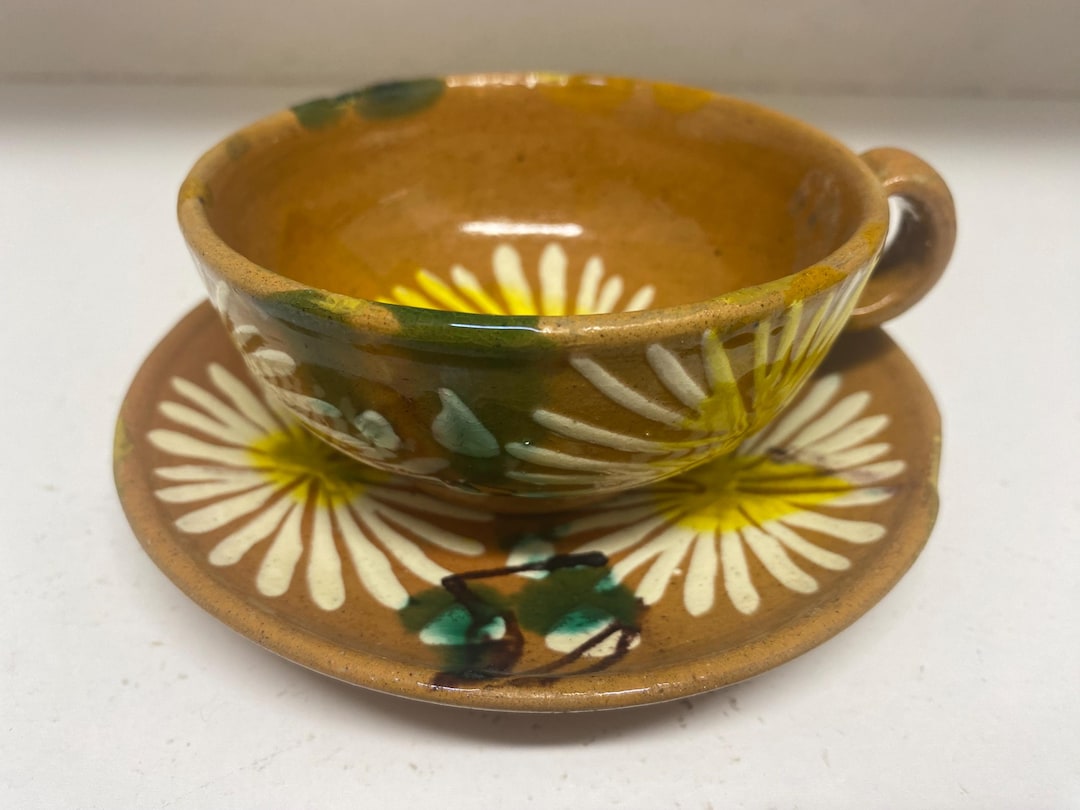Vintage Primitive Redware Pottery Cup/saucer - Floral Design - Mexican ...