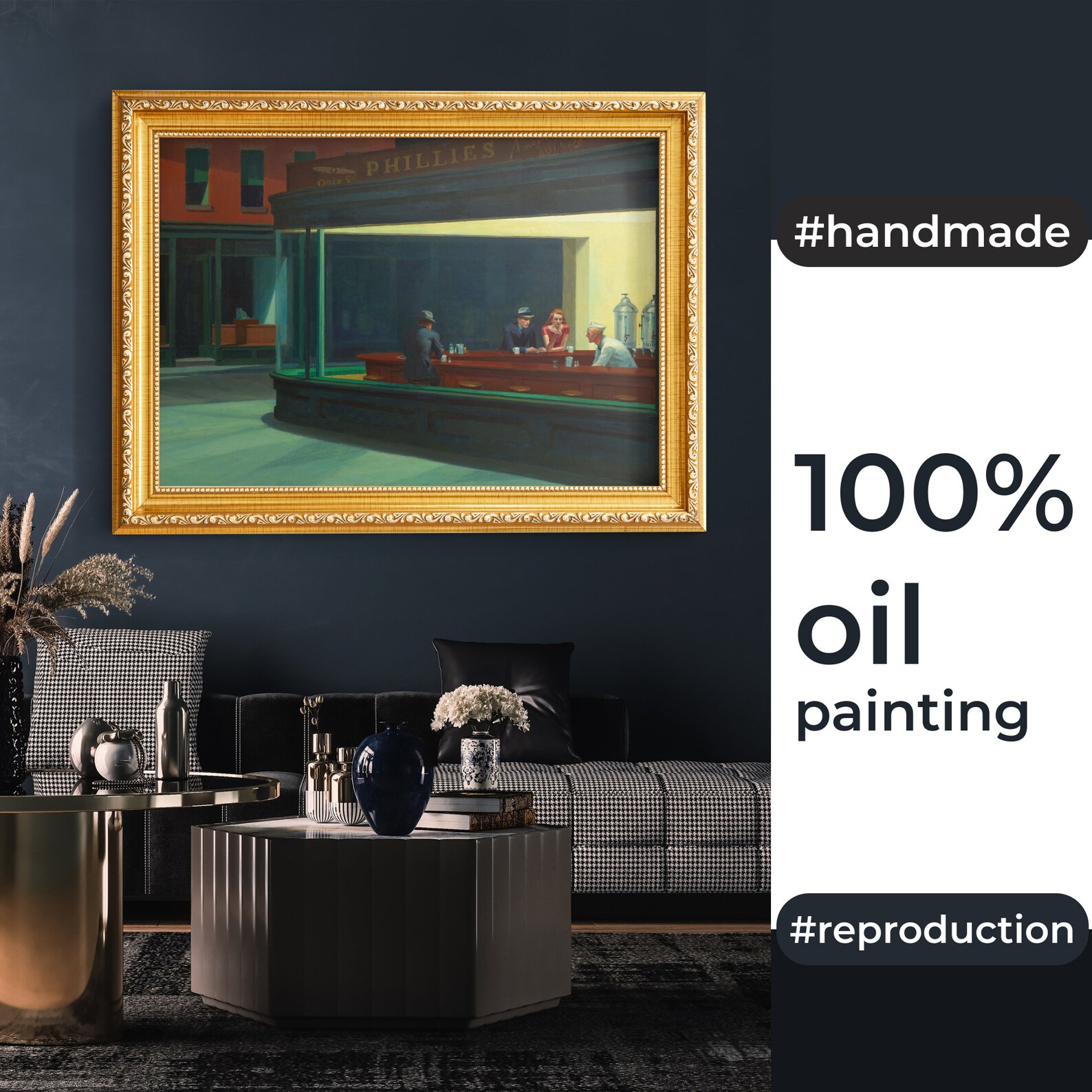 Edward Hopper Nighthawks, Oil Painting Reproduction, Original Framed ...