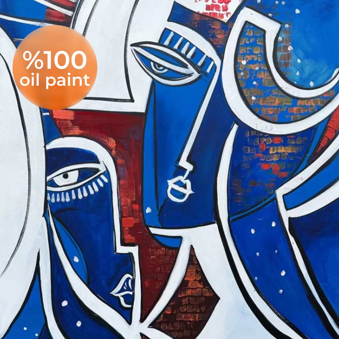 Blue Face Art, Cubism Painting, Blue Wall Art, High Quality Hand ...