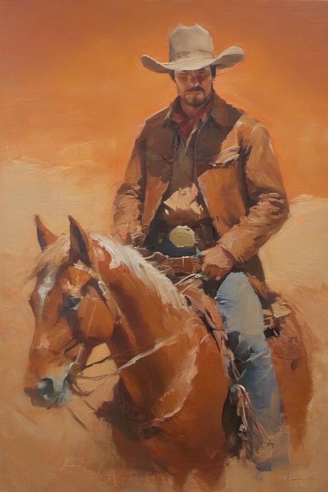 Western Cowboy Oil Painting on Canvas, Rustic Horse Rider Art, Western ...
