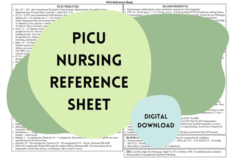 Pediatric Intensive Care Unit Nursing Bundle: PICU Reference Sheet and ...