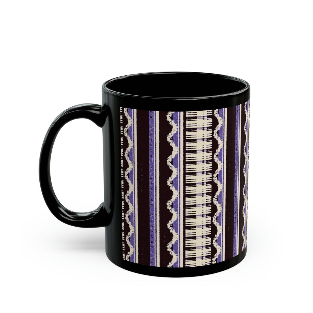 African Tribal Art Purple White Black Pattern Black Ceramic Coffee 11oz ...