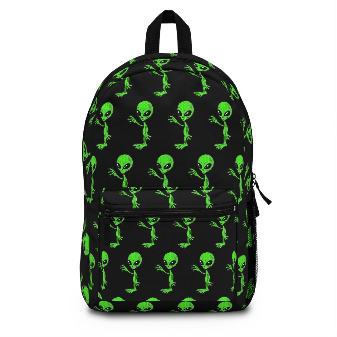 Friendly Green Waving Alien UFO Outer Space Pattern Backpack Bookbag ...