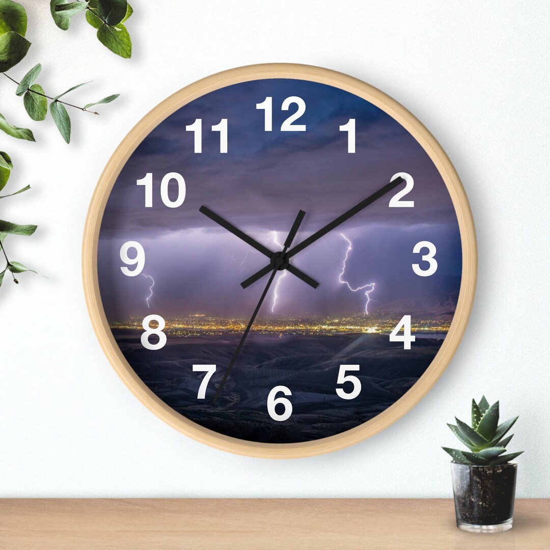 Lightning Storm Night Time City Skyline Wall Clock, Home Decor, Office ...