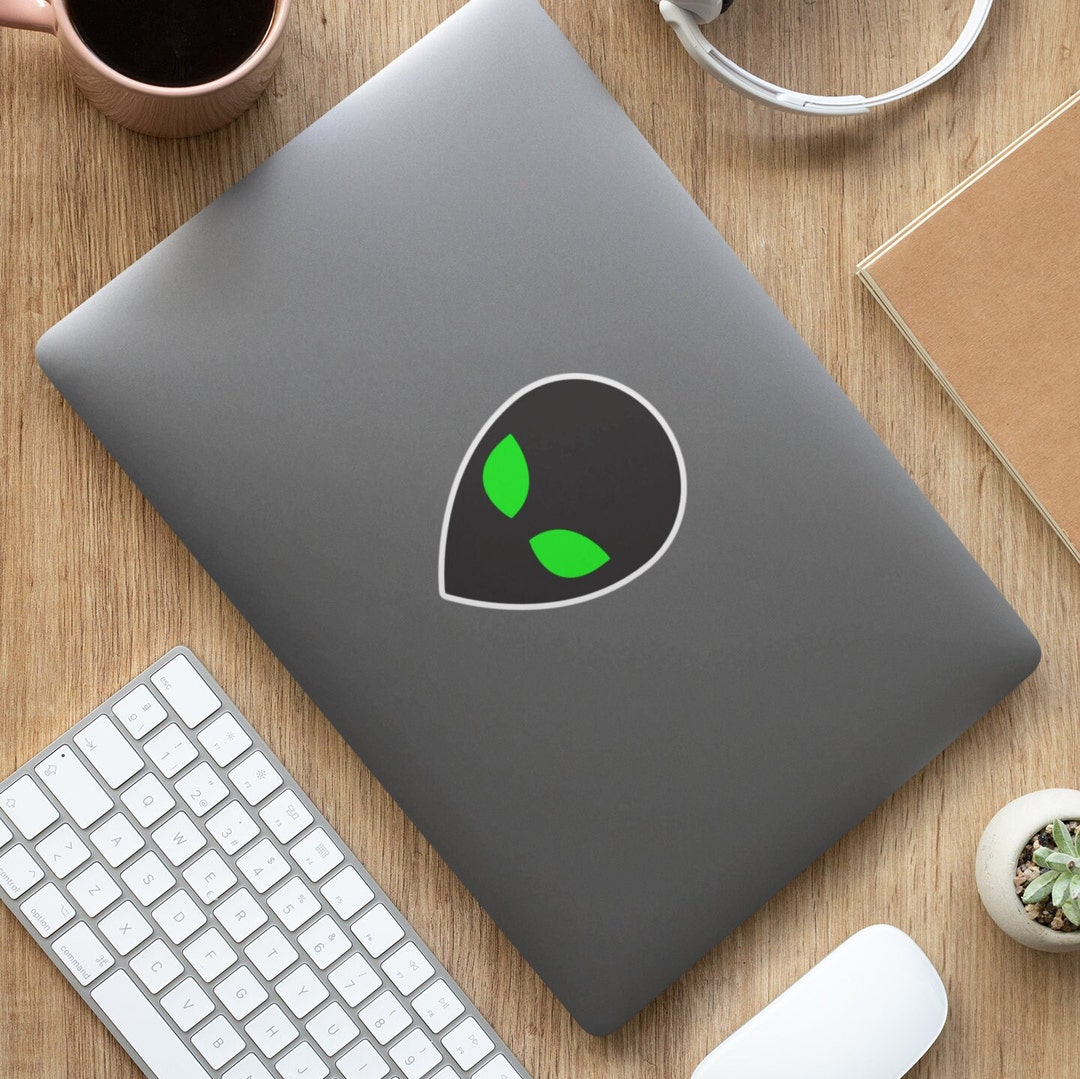 Black Alien Green Eyes Sticker, UFO UAP Laptop Sticker, Outer Space ...