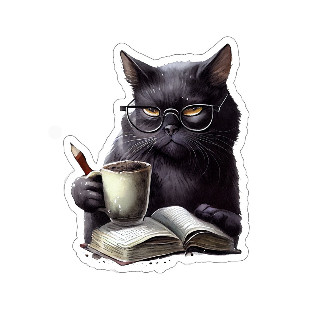 Funny Grumpy Reading Studying Cat Glasses Sticker, Laptop Sticker ...