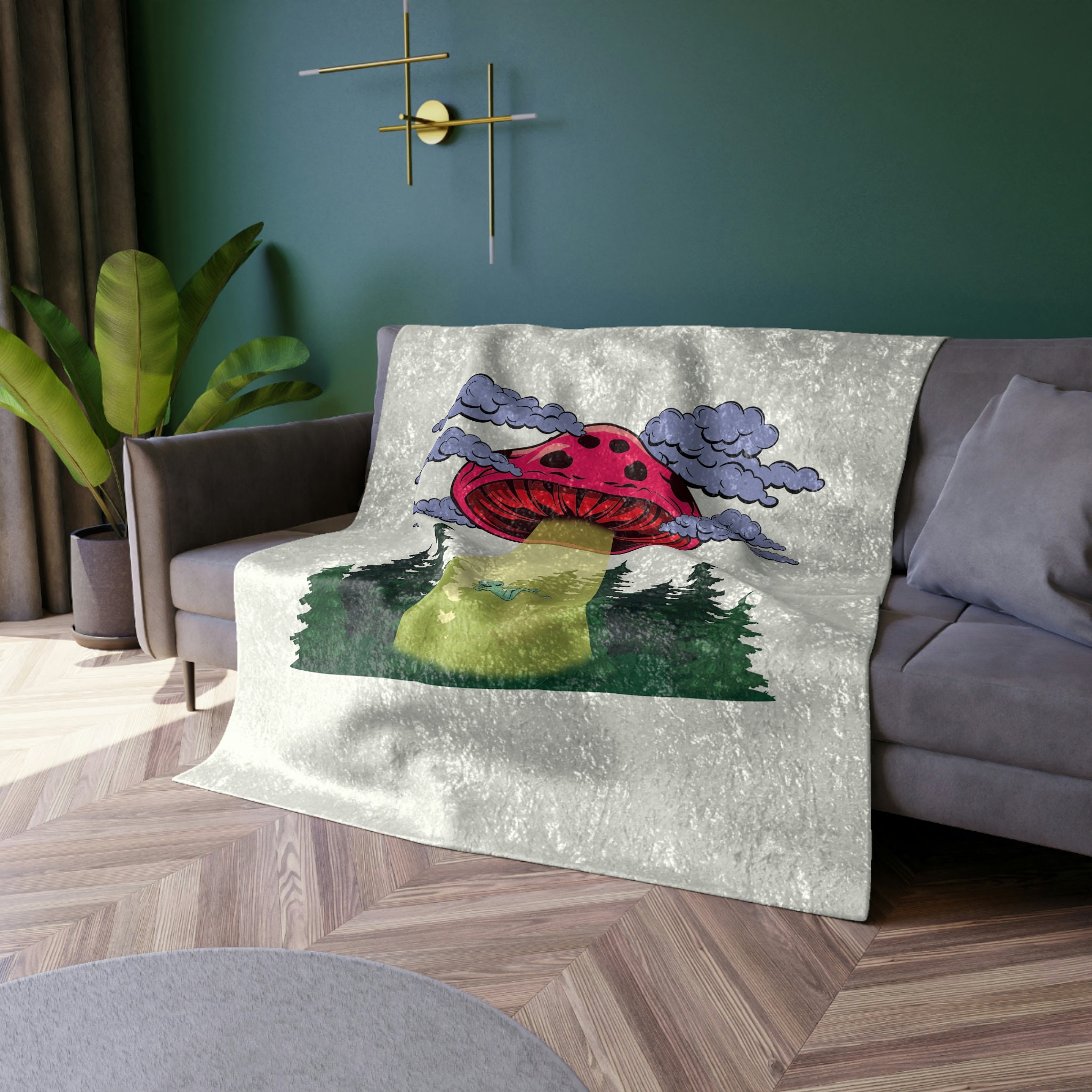 Psychedelic Alien Abduction Camping Mushroom Woods Blanket, Velvet ...