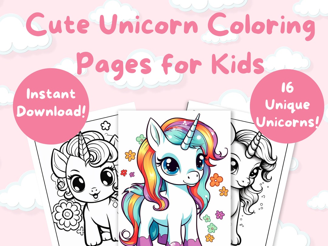 Cute Kawaii Unicorn Coloring Pages | Instant Download | 16 Unicorns ...