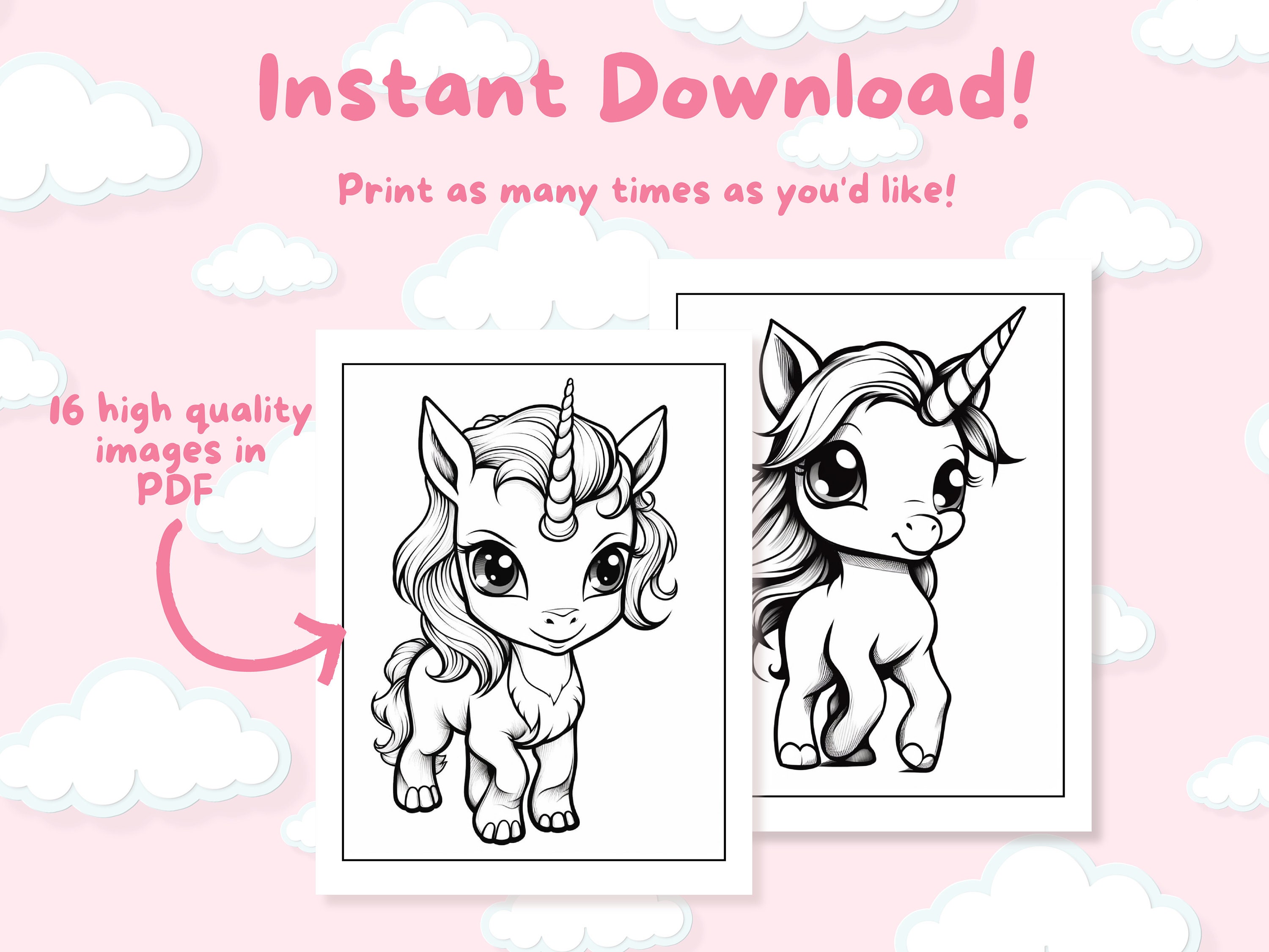 Cute Kawaii Unicorn Coloring Pages Instant Download 16 Unicorns Print ...