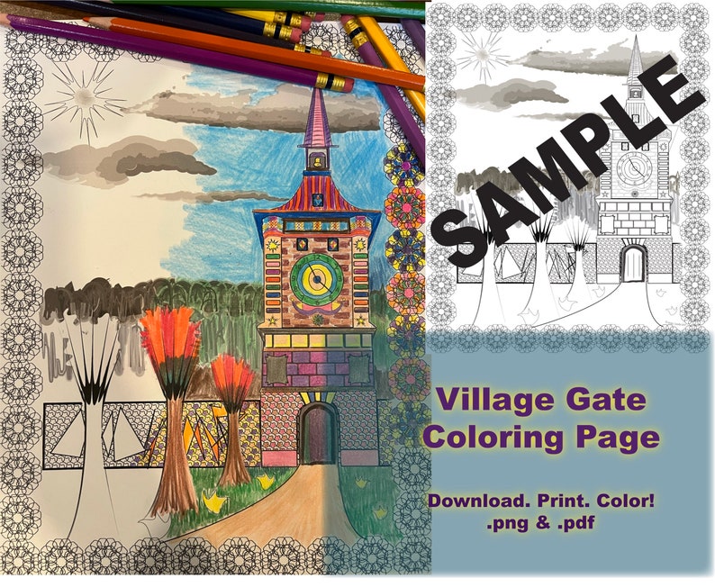 Village Gate Coloring Page Printable Pattern Coloring Instant Download ...