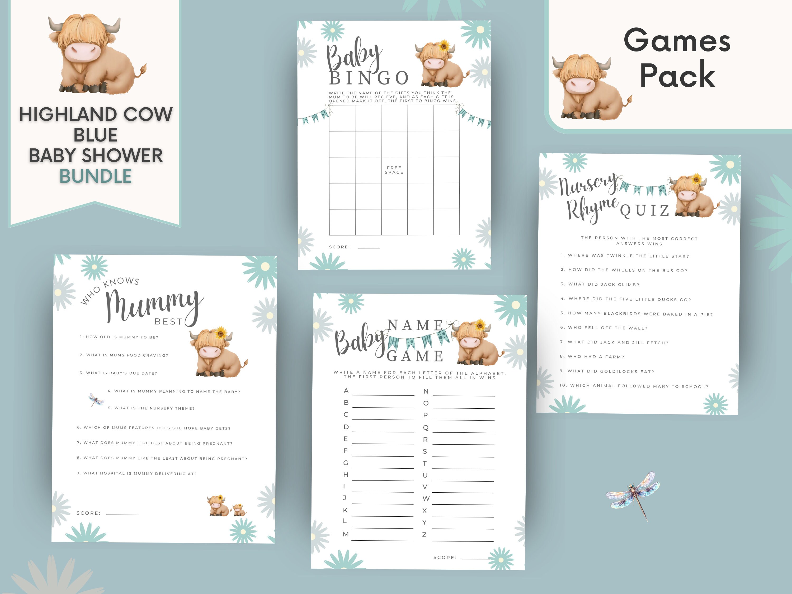 Highland Cow Baby Shower Bundle Blue With Games, Holy Cow Invitation ...