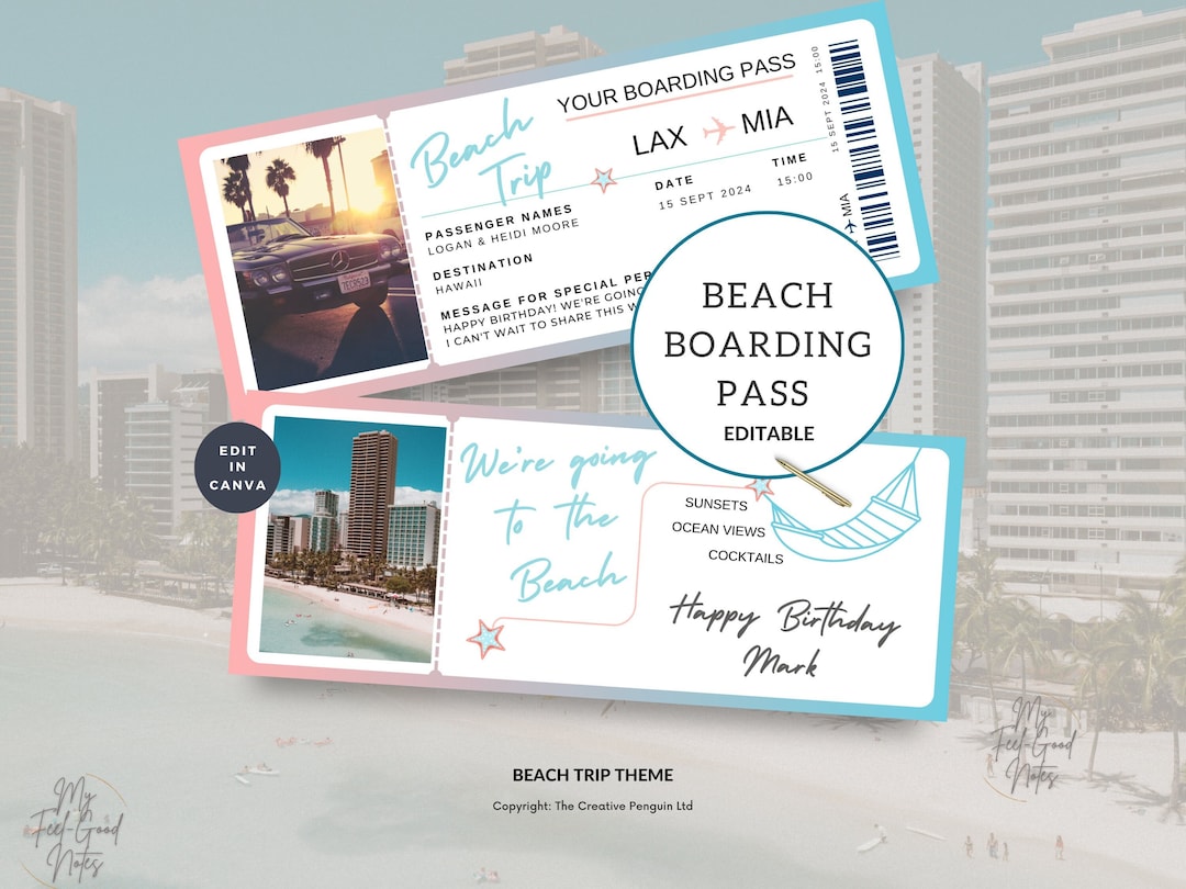 Beach Trip Ticket, Surprise Vacation Trip, Printable Boarding Pass ...